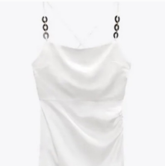 Zara | Dresses | Zara Satin White Dress With Chains Straps Details ...